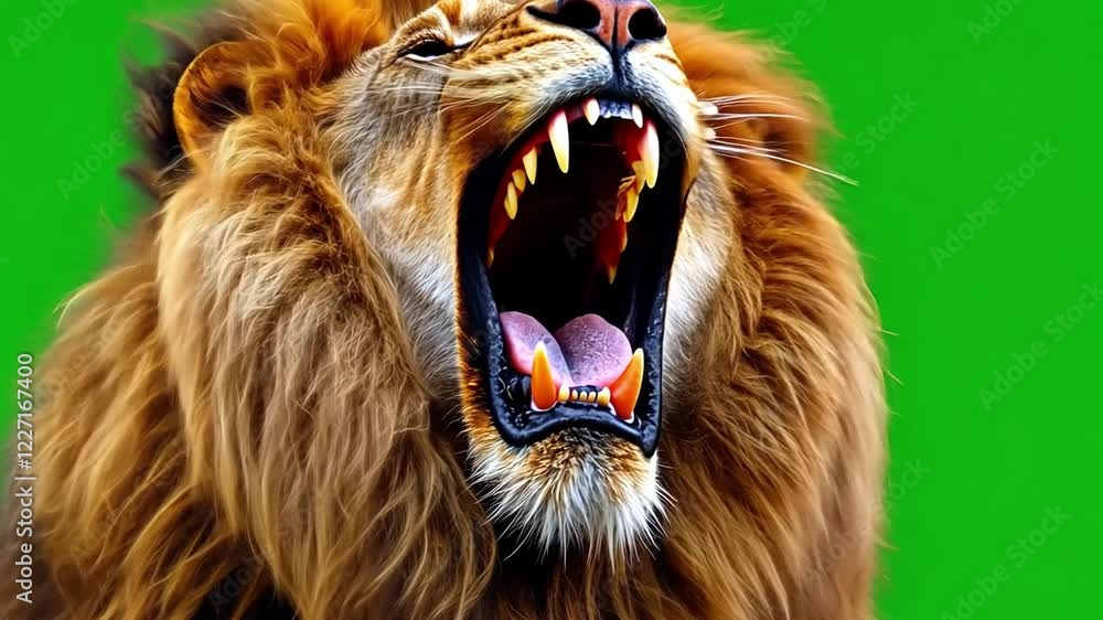 Roaring Lion, Green Screen: A majestic male lion with a thick mane ...