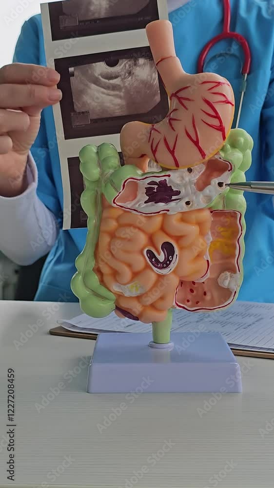 Doctor examines digestive system model and ultrasound image. Stomach ...