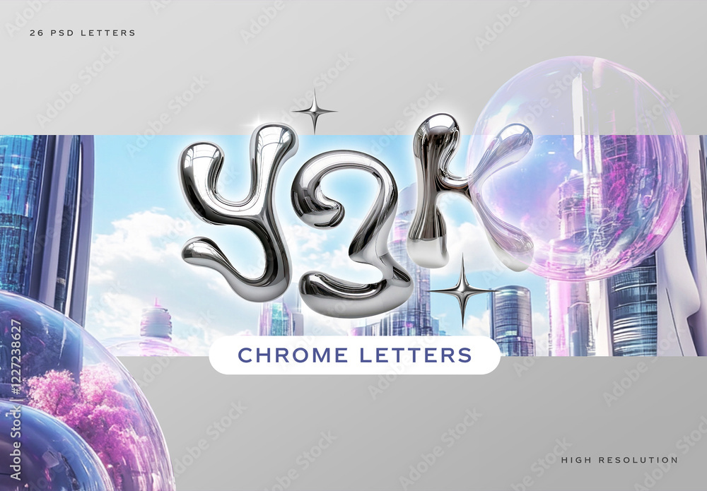 Y3K Chrome Letters Alphabet A-Z Stock Template | Adobe Stock