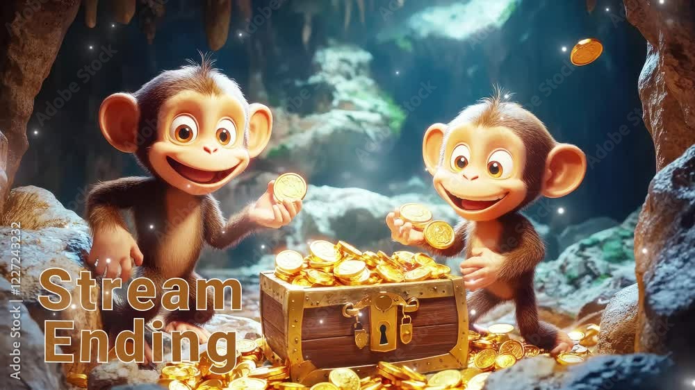 Cheerful monkeys joyfully discover sparkling treasure underground ...