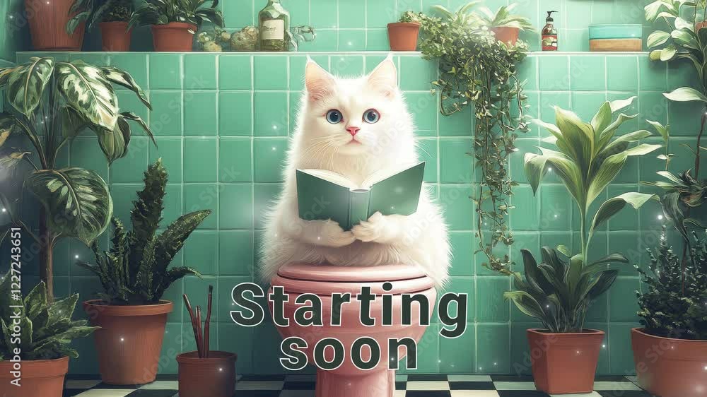 Charming cat reads a book on the toilet, plants around. starting soon ...