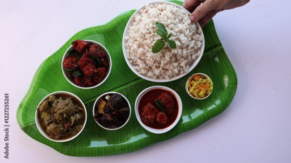 Kerala special food sadhya in banana leaf plate with Chicken fry Duck ...
