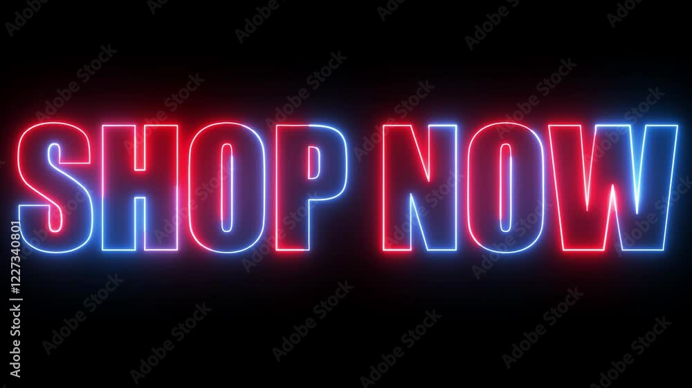 shop now text icon animation neon glowing red blue color text letter ...
