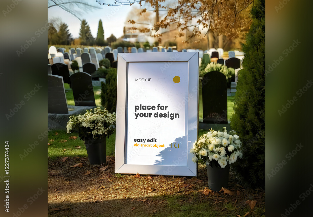 Frame Poster Mockup Funeral Cementery Flowers Stock Template | Adobe Stock