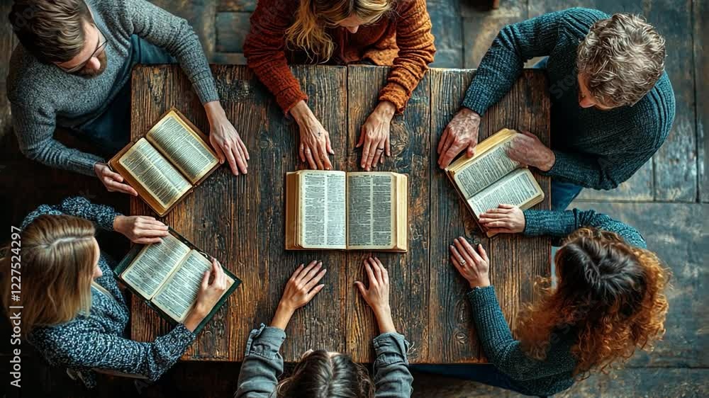Sacred Gathering: A diverse group of people gather around an open bible ...