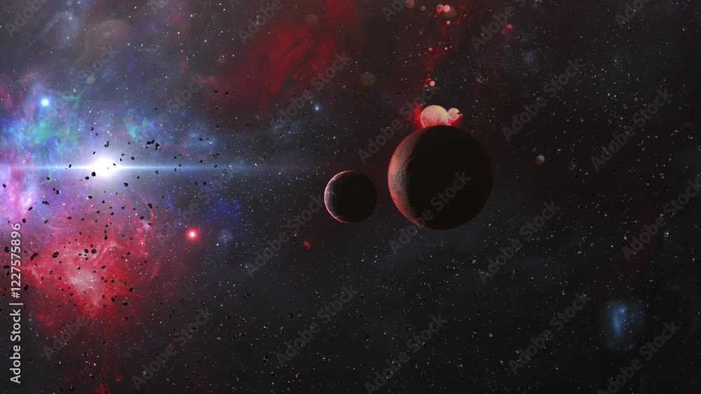 Alien Worlds. Two Planets Orbiting in a Vibrant, Colorful Nebula with a ...