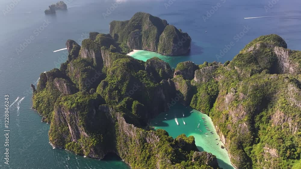 Koh Phi Phi Lee, Thailand. Aerial panoramic of famous island, Maya Bay ...