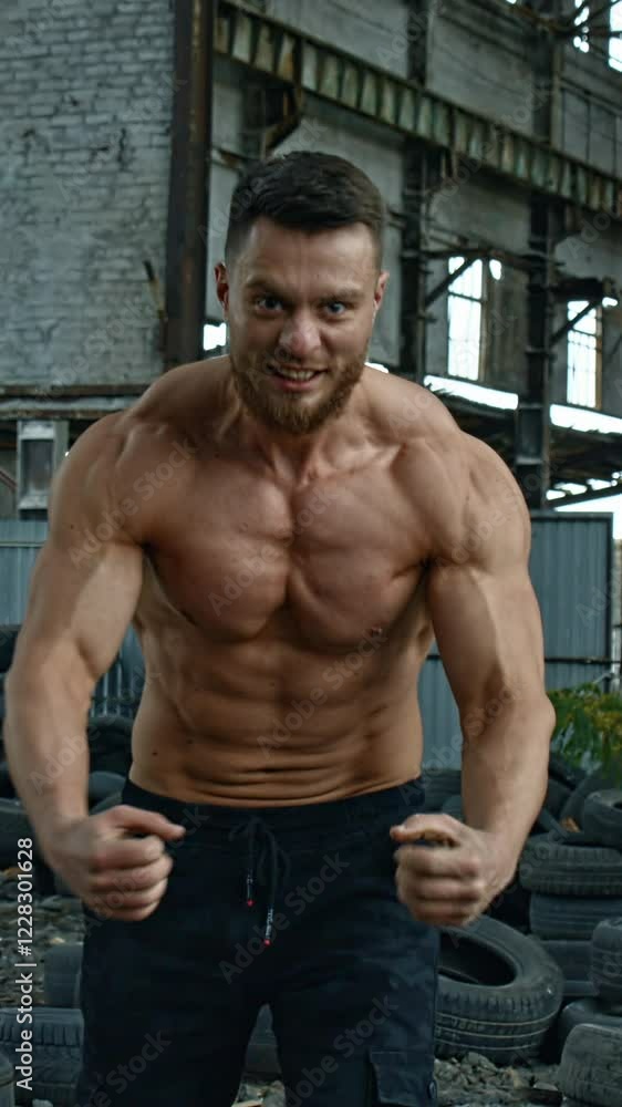 Shirtless bodybuilder posing outdoor. Handsome muscular model posing ...
