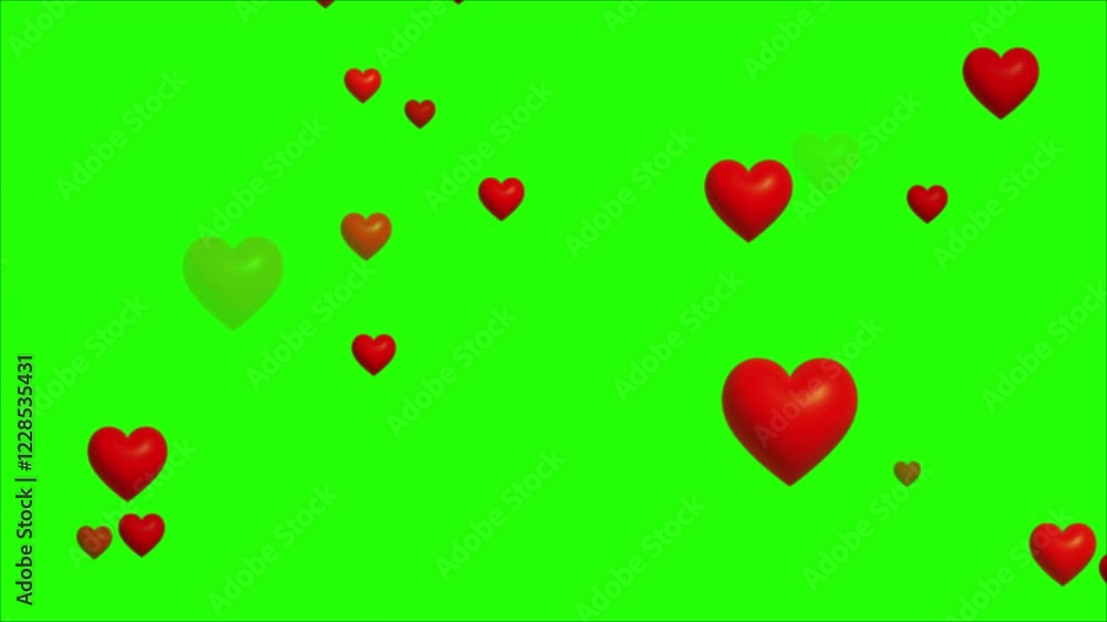 red hearts looped animation on green screen background. cartoon red ...
