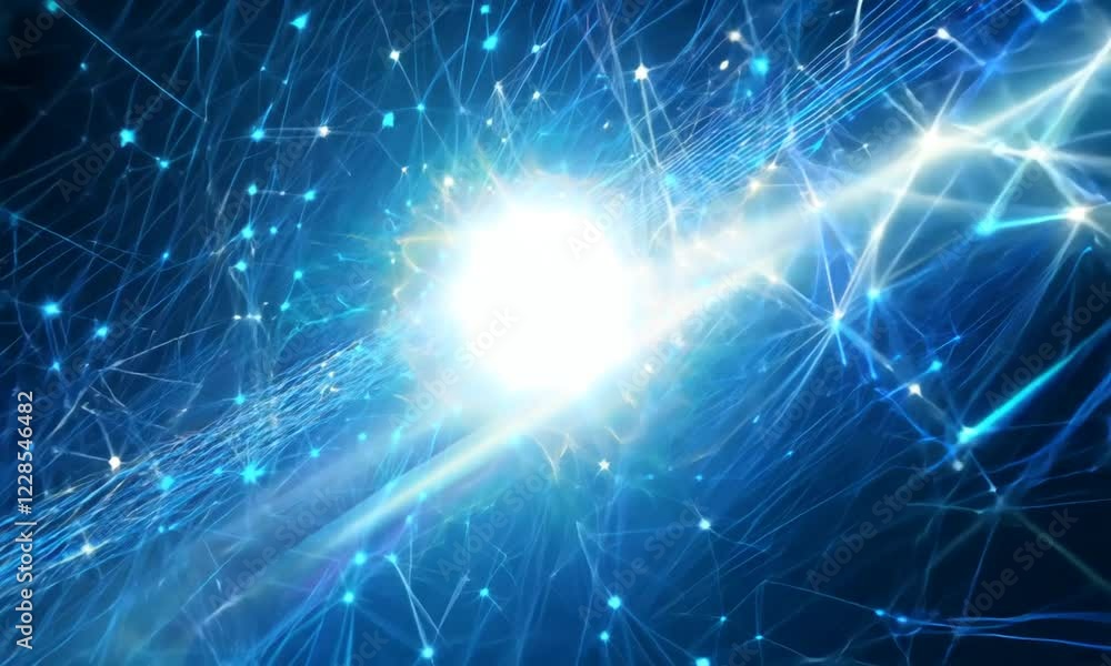 Abstract blue flying stars bright glowing in space with particles and ...