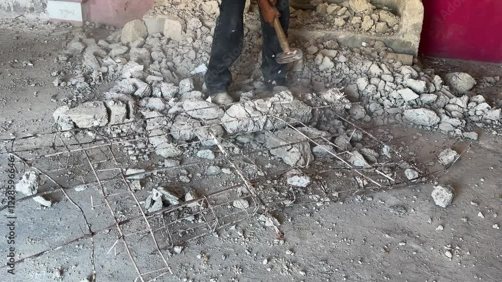A man demolishes concrete wall with sledgehammer, breaking debris ...