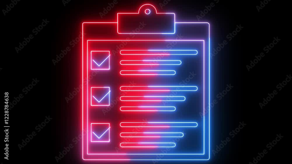 red blue color neon glowing clipboard with checklist icon animation ...