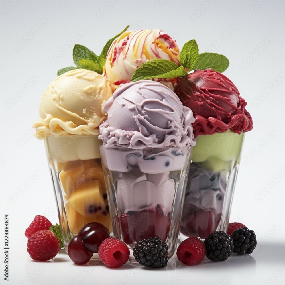 Poster Ice cream scoop on waffle cone Many assorted different flavour ...