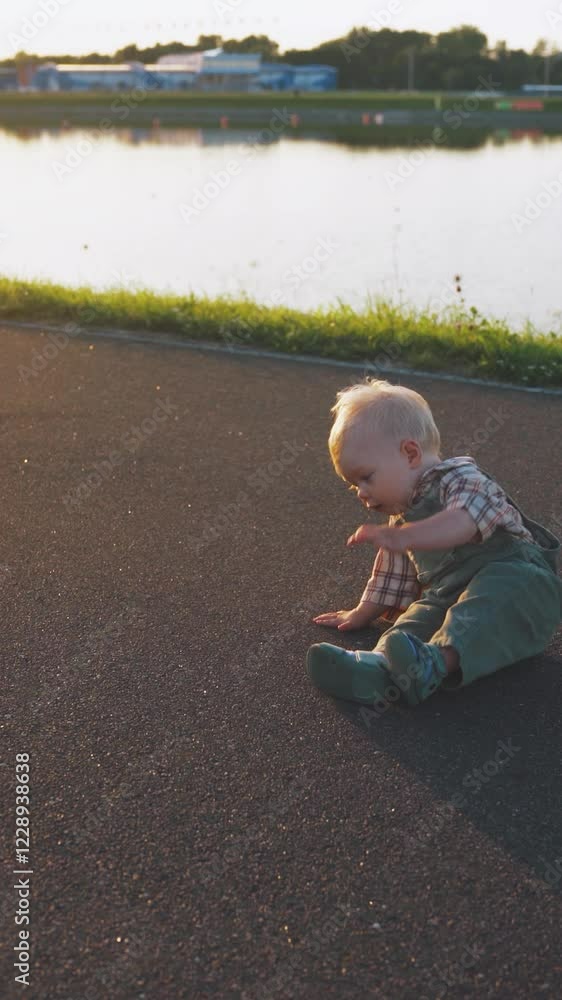 Adorable baby boy takes his first step and falls. At sunset, the first ...