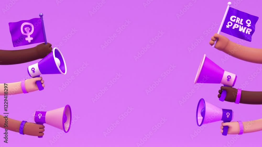 Women's Day looping video with multi ethnic activist women hands, flags ...
