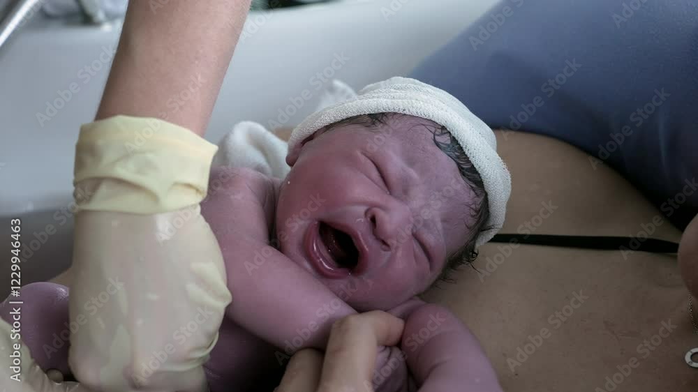 Close-up newborn baby crying for the first time right after birth ...