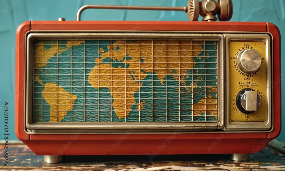 Vintage radio on patterned table with world map design and blue wall ...