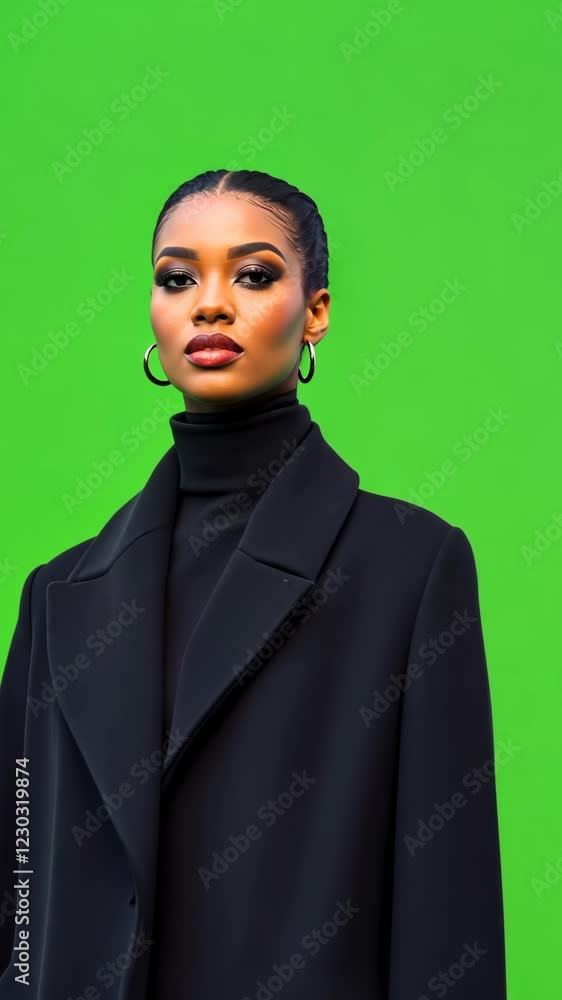 Fashion Model in Black Coat Against Vibrant Green Screen Background at ...