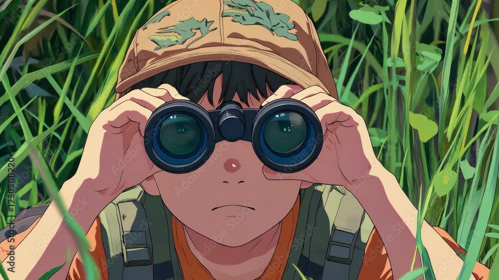 Anime scene Boy with Binoculars in Grass. An anime-style illustration ...