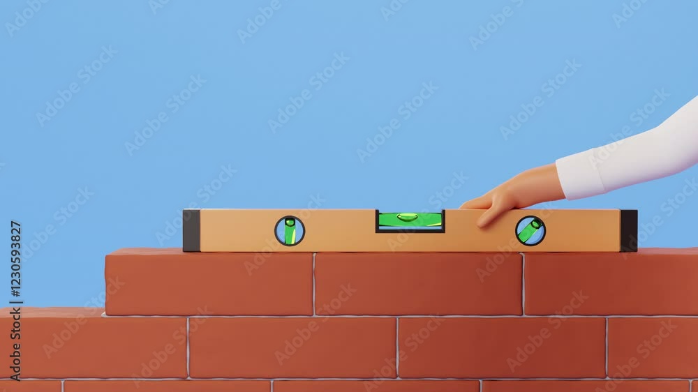 Hand using a spirit level to check the alignment of a brick wall. 3d ...