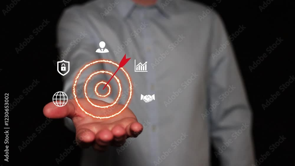 Businessman shows fire target icon. Finding or analyzing business goals ...