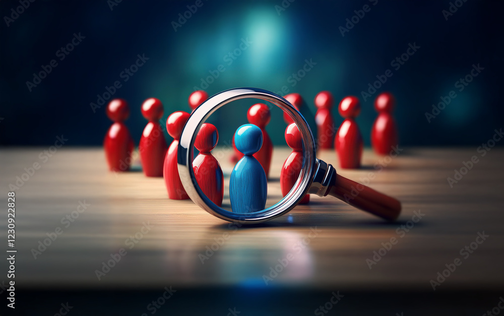 Poster A Magnifying Glass Focuses On A Single Blue Figure Among A Group