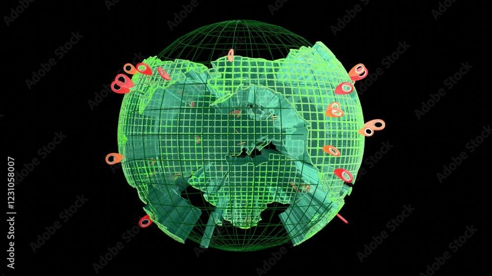 a rotating green neon wireframe globe with rotating and transforming of ...