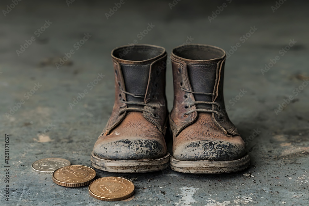 Worn-out boots and coins on a textured surface evoke a sense of ...