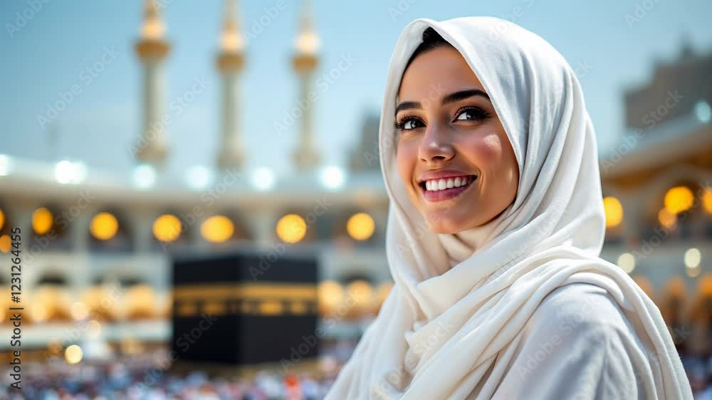 Video Stock Video Arab woman smiling in front of the kaaba, close up ...