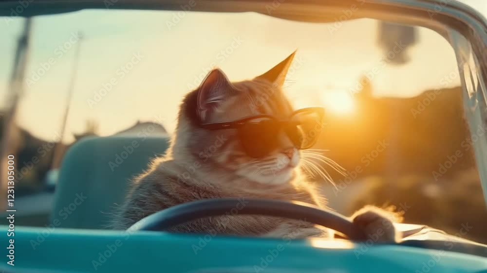 cat driving car scene, smooth repetitive motion for background video ...