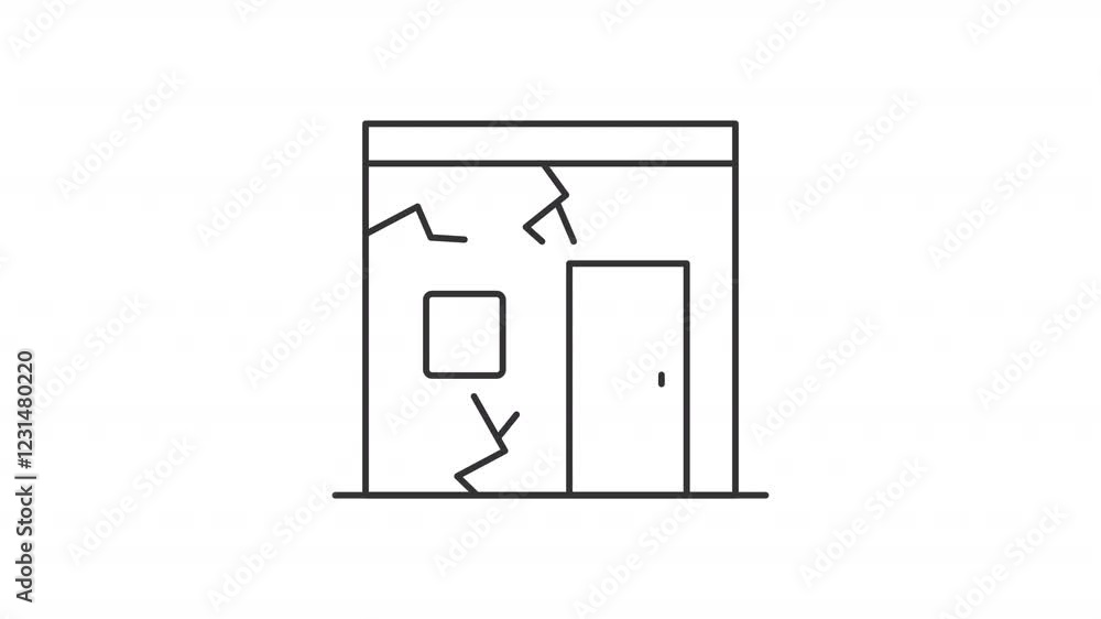 Animated damaged building icon. Cracks in house facade line animation ...