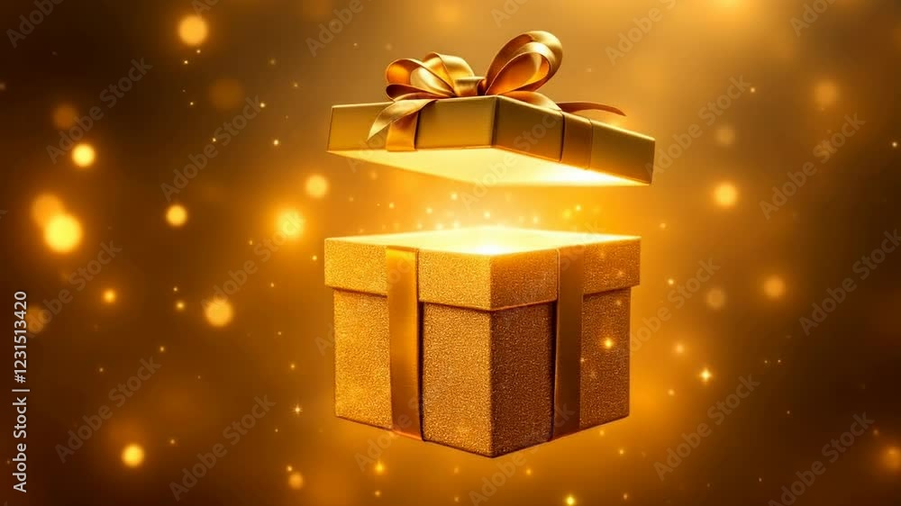 Magical glowing gift box opening with golden light effect. Luxury ...