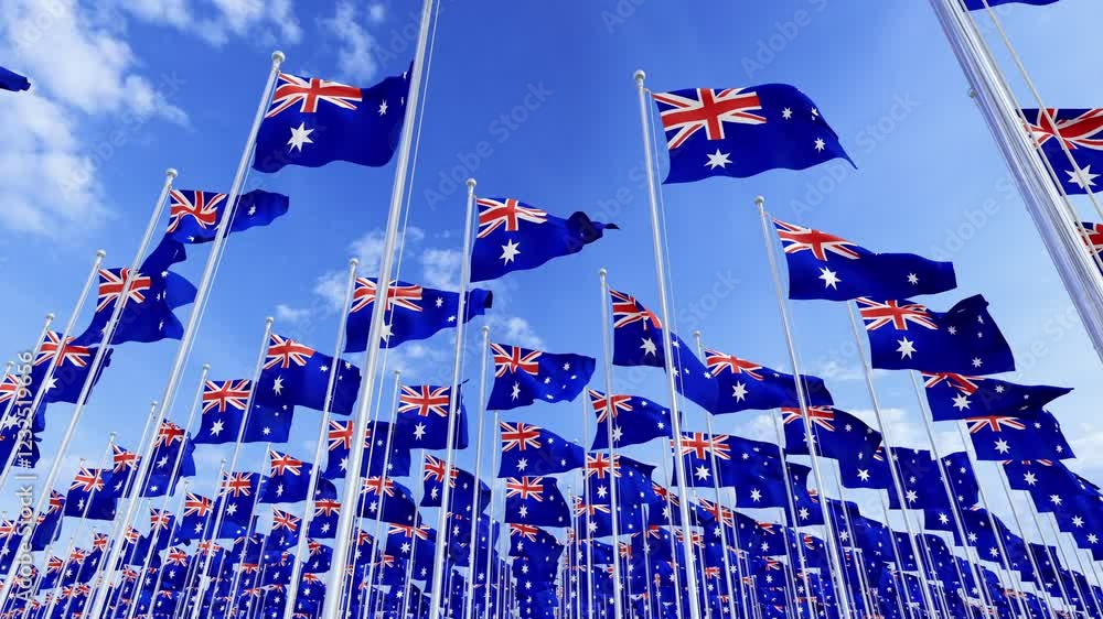 High resolution digital render of Australian Flags flying in the wind ...