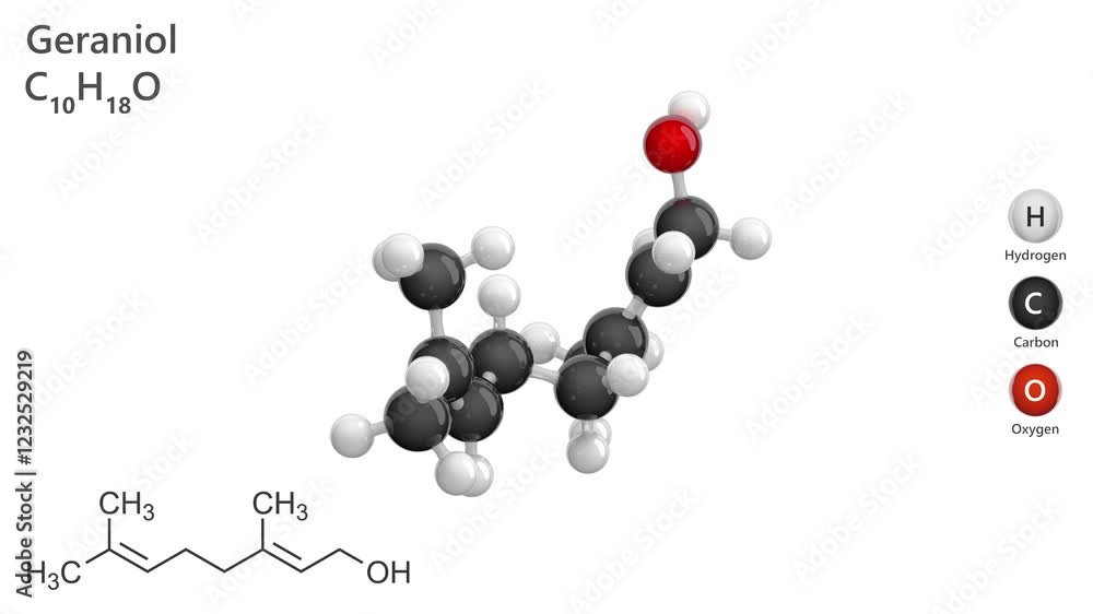 Geraniol. Flavoring agent. Animated 3D model of a molecule. Molecular ...