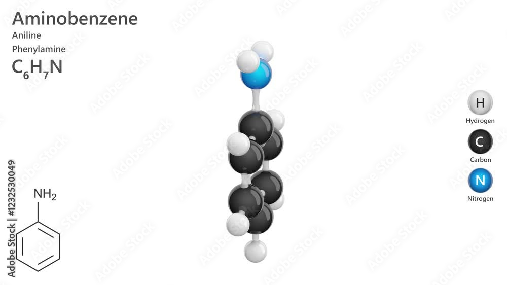 Aniline. Animated 3D model of a molecule. Molecular formula: C5H7N ...