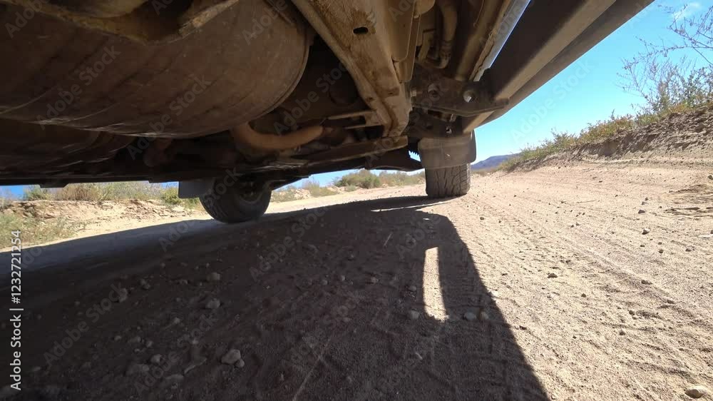 The camera is fixed on the bottom of the car, a view of the wheel and ...