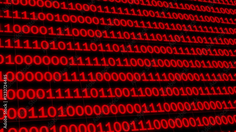 Video binary code red color numbers changing 0 or 1. Concept Cyber, technology, data ...