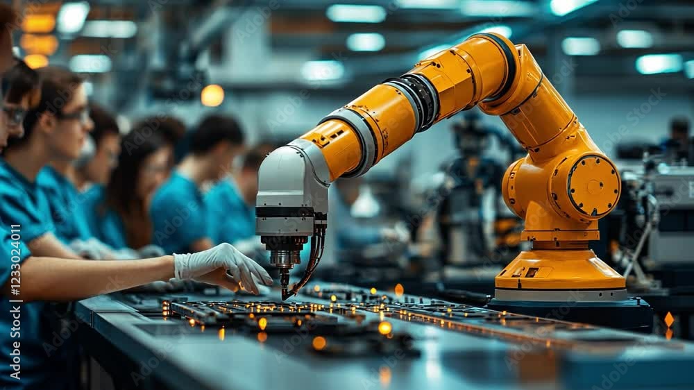 Automated Assembly Line: A close-up shot showing a yellow robotic arm ...