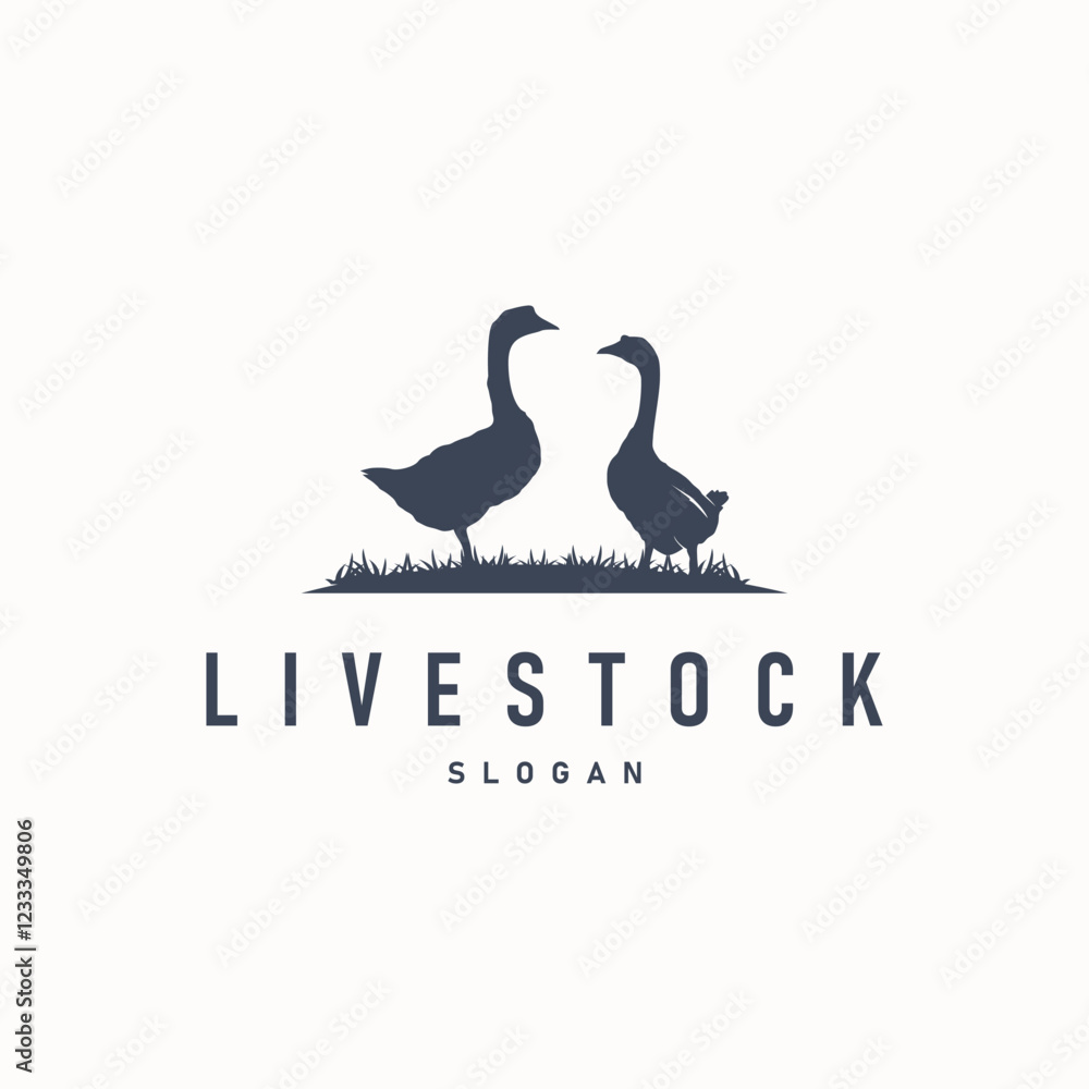 Poster farm design with black silhouette concept duck animal logo ...