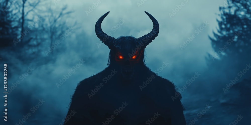 Poster Demonic figure with glowing red eyes and horns emerging from ...