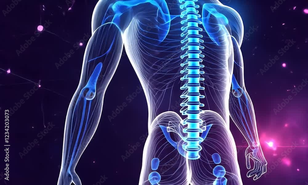 Male anatomy, back view, spine highlighted, glowing particles ...