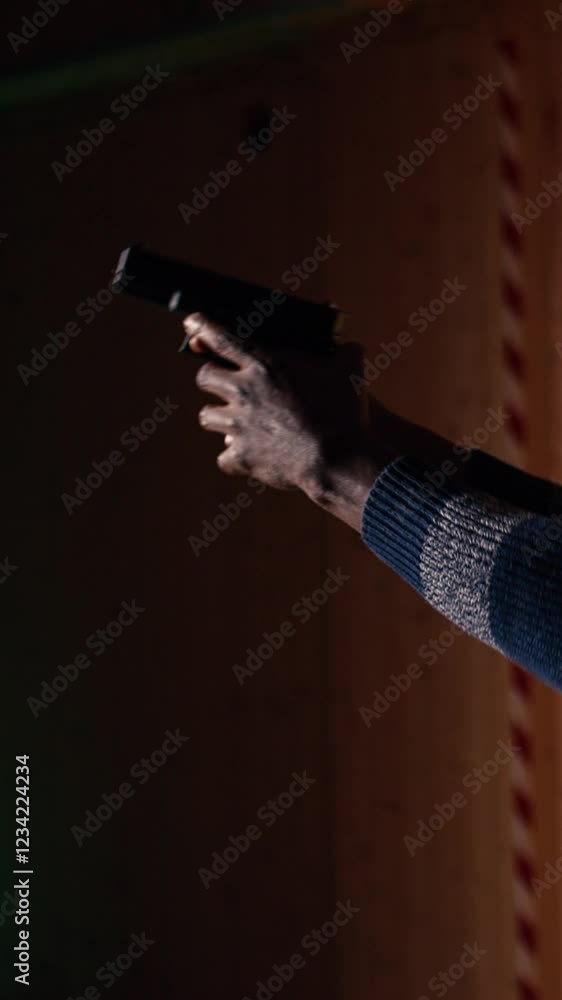 Vertical video Person wearing safety goggles loading pistol bullets ...