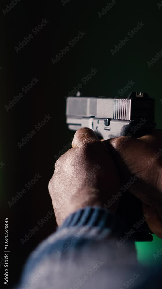 Vertical video Firing range customer doing shooting activity with ...