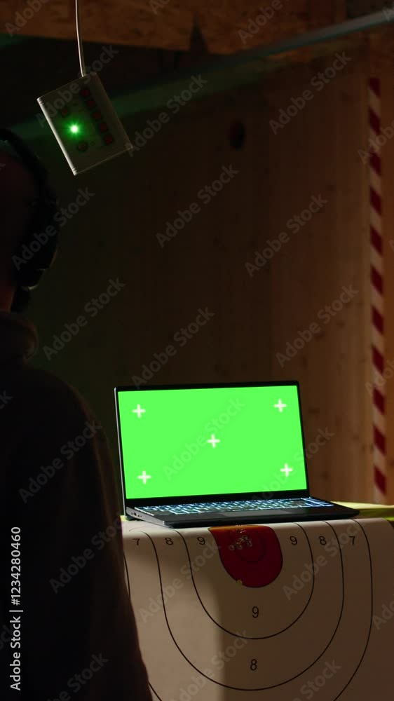 Vertical video Green screen laptop next to shooting gallery safety ...