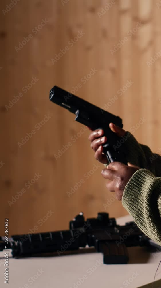 Vertical video Person wearing safety equipment loading bullets ...