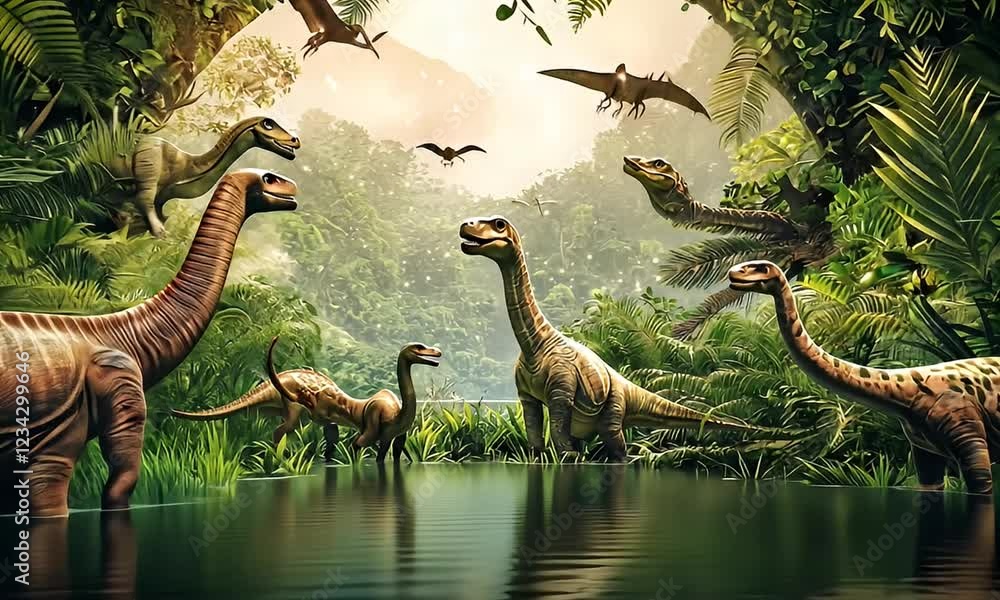 Dinosaurs gather at jungle watering hole; pterosaurs fly overhead; lush ...