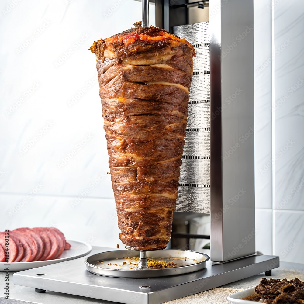 Poster roasted beef shawarma skewer rotating on a vertical grill ...