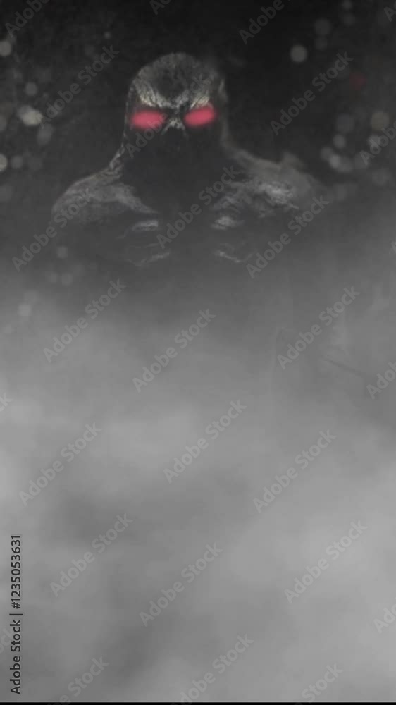 Vertical Alien with Glowing Red Eyes in Fog 4K Loop features a dark ...