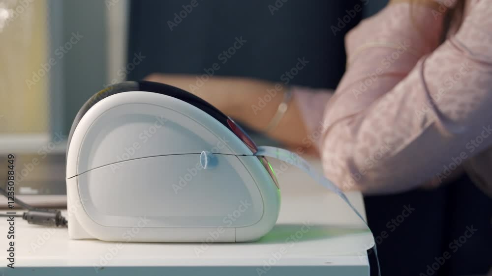 woman sits in a home office printing labels using a thermal shipping ...