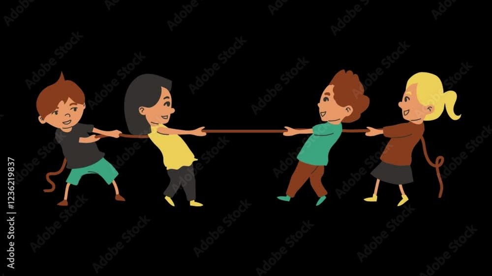 Tug of war. children are pulling rope. Boys versus girls gender ...